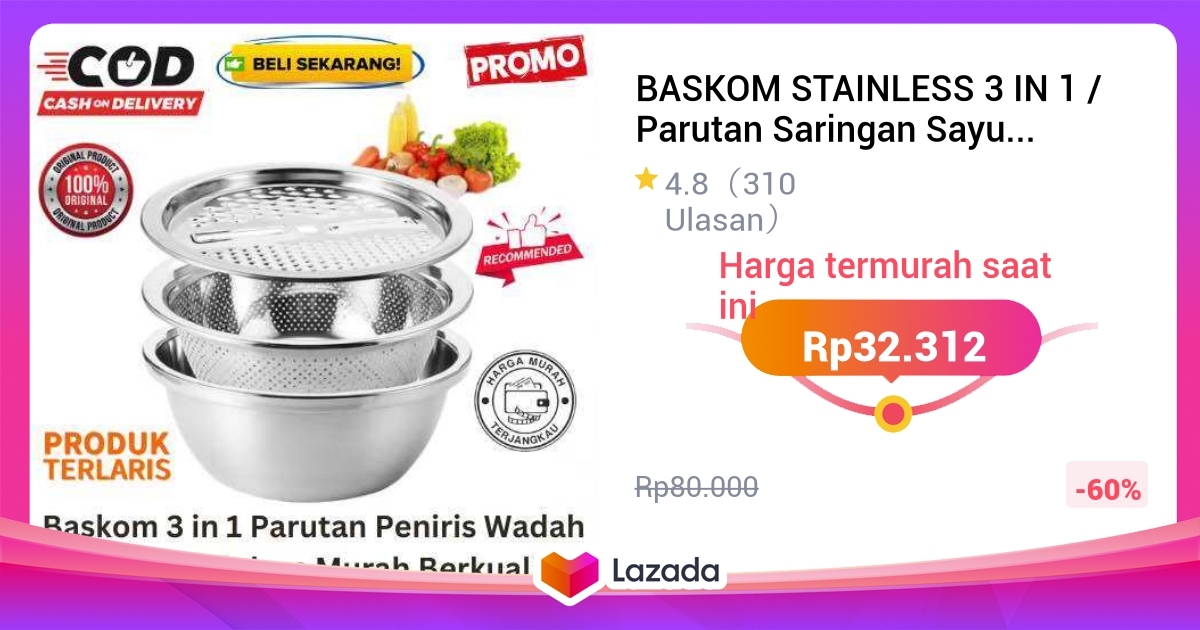BASKOM STAINLESS 3 IN 1 / Parutan Saringan Sayur Dan Buah Multifungsi