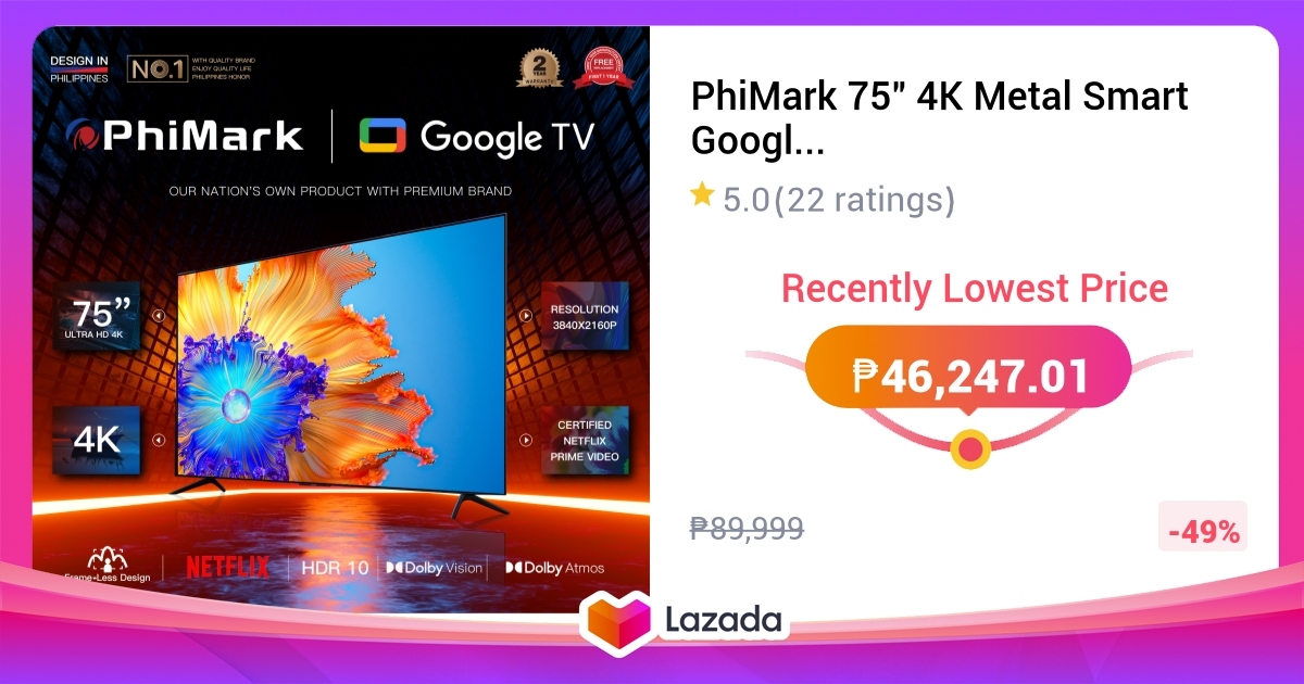 PhiMark 75" 4K Metal Smart Google TV,Frameless,HEY Google,Netflix,Prime video,HDR 10,Bluetooth ...