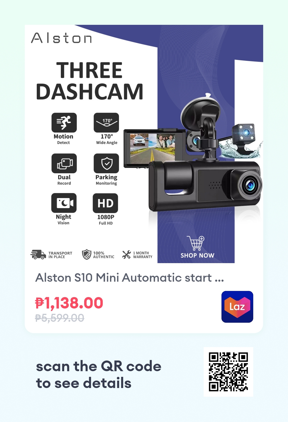 Alston S10 Mini Automatic start 3 Lens Car Dash Cam Front And Back ...