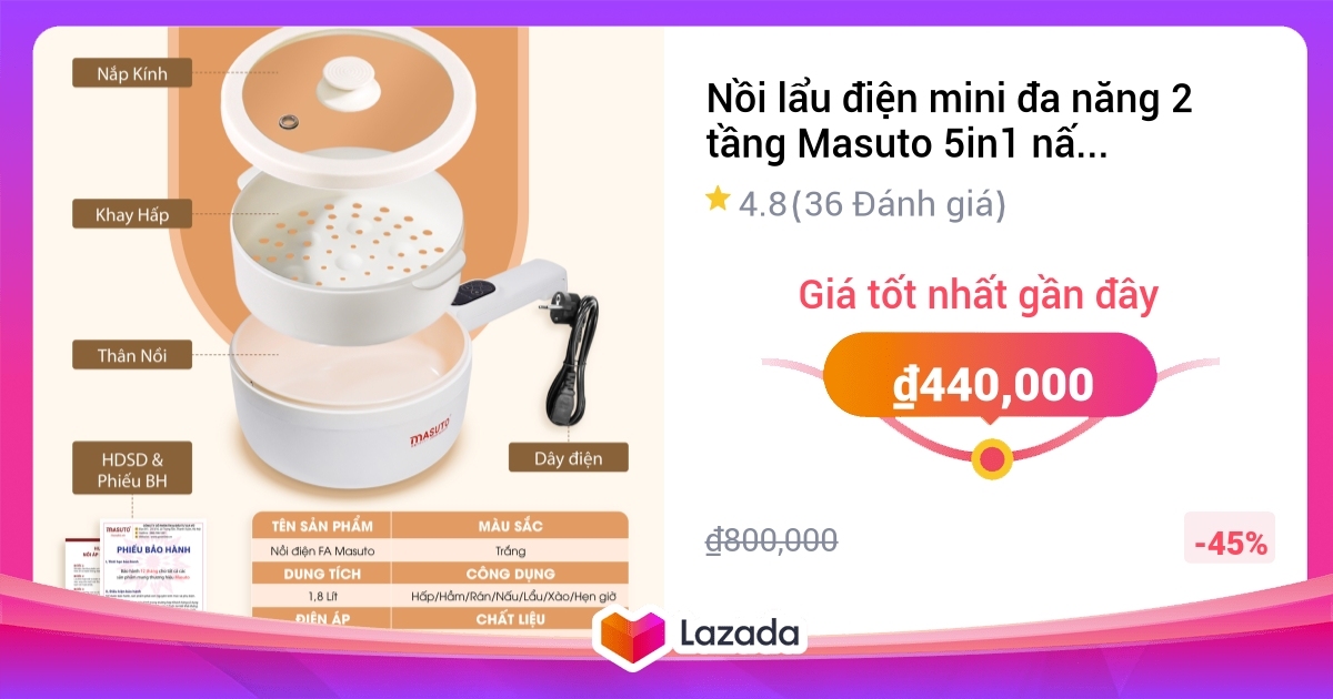 Nồi lẩu điện mini đa năng 2 tầng Masuto 5in1 nấu nhiều món 1,8L có vỉ hấp bảng điều khiển điện ...