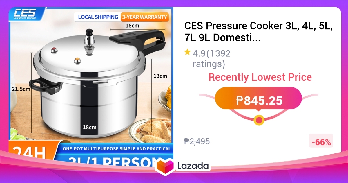 CES Pressure Cooker 3L, 4L, 5L, 7L 9L Domestic Gas Stainless Steel Pressure Cooker Multi ...