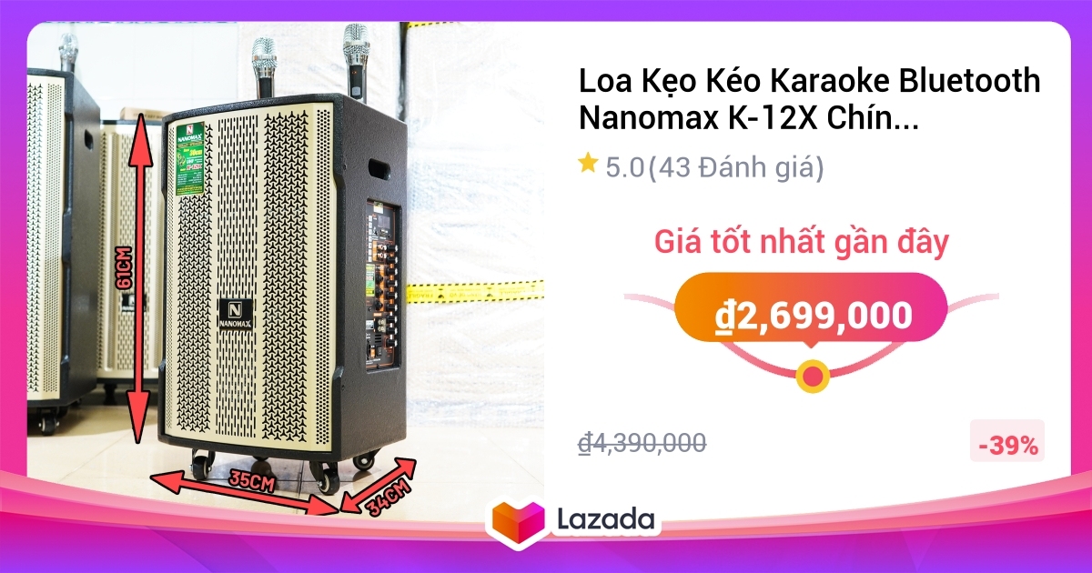 Loa Kẹo Kéo Karaoke Bluetooth Nanomax K-12X Chính Hãng Giá Rẻ 2 Mic Bass 30 Bản Mới