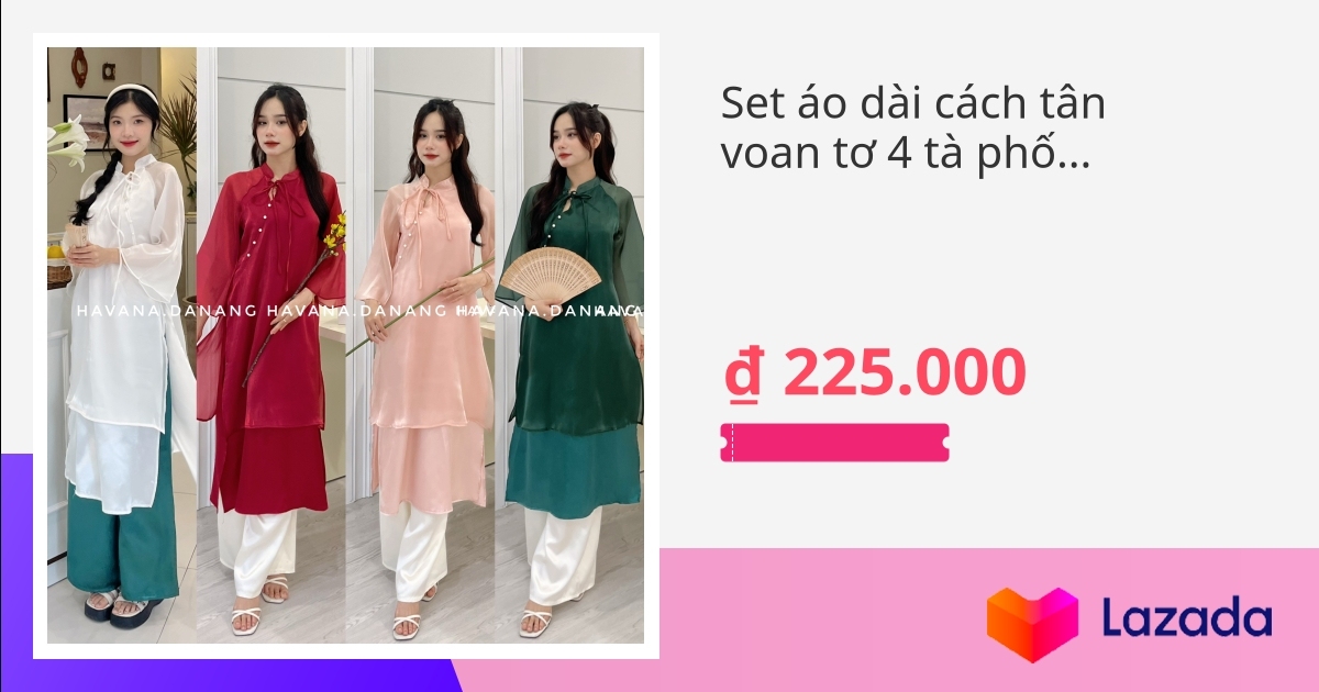 Set áo Dài Cách Tân Voan Tơ 4 Tà Phối Cúc Sườn Buộc Nơ Cổ Tặng Kèm Quần