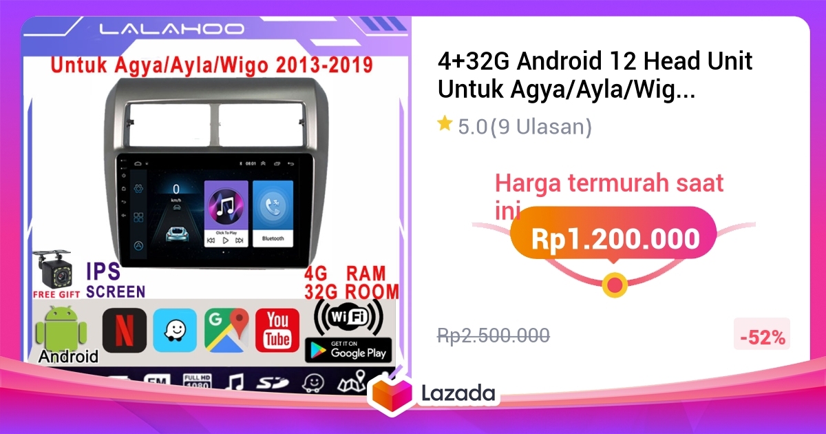 4+32G Android 12 Head Unit Untuk Agya/Ayla/Wigo 2013- 2019 Dengan Frame ...