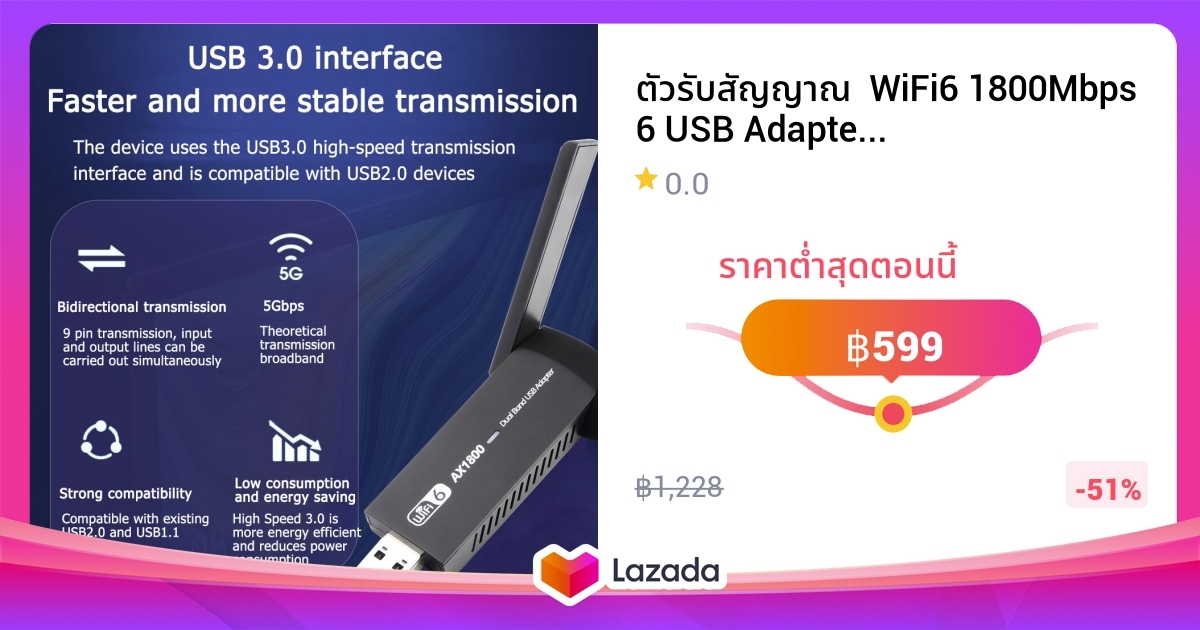ตัวรับสัญญาณ WiFi6 1800Mbps 6 USB Adapter WD-AX1801 802.11ax 2.4G/5Ghz ...