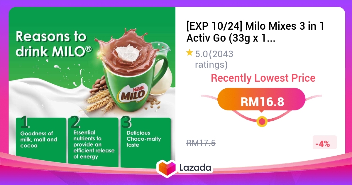 [EXP 10/24] Milo Mixes 3 in 1 Activ Go (33g x 18 s)[SHIP WITHIN 24 HOURS]