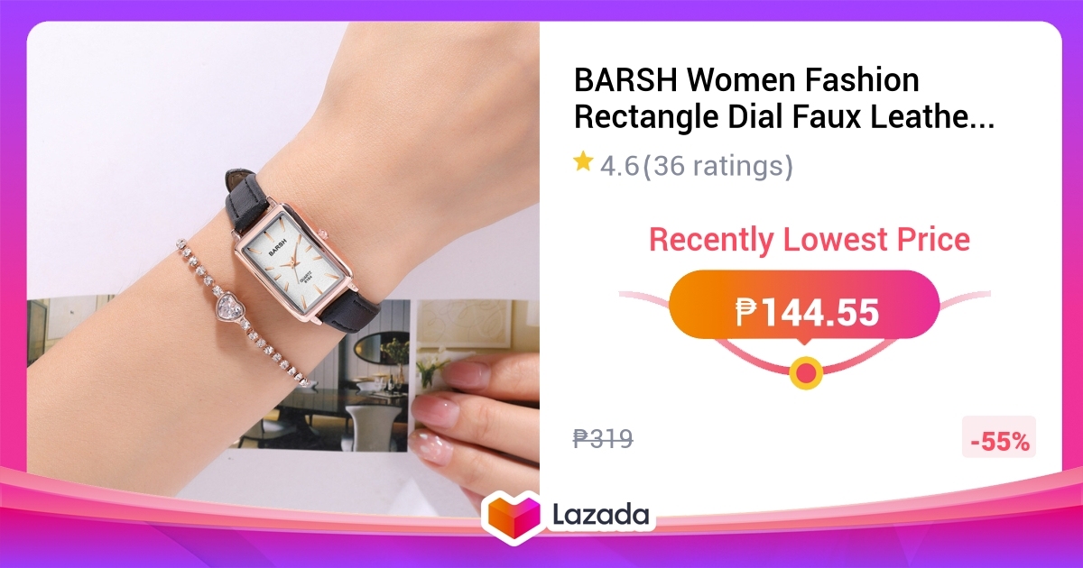 BARSH Women Fashion Rectangle Dial Faux Leather Band Quartz Movement ...