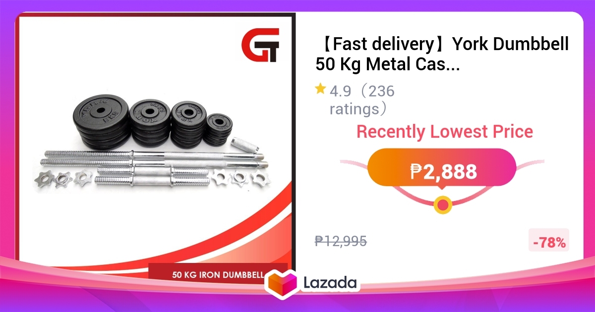 【Fast delivery】York Dumbbell 50 Kg Metal Cast Iron Paint W/ Long Bar ...