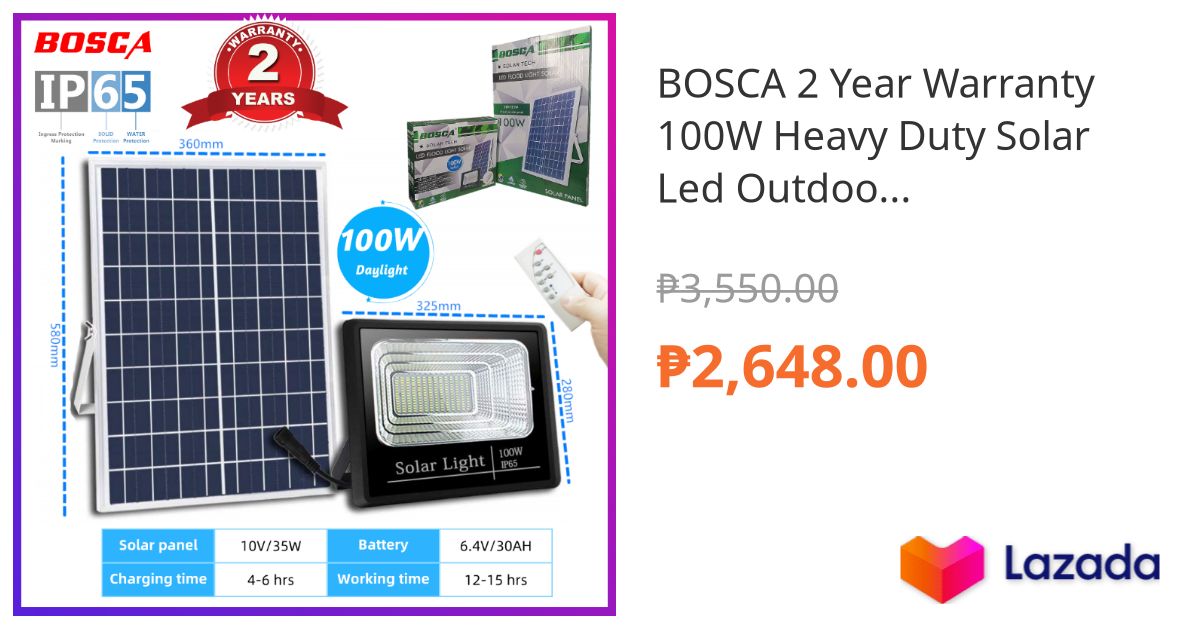 BOSCA 2 Year Warranty 100W Heavy Duty Solar Led Outdoor Flood Light ...