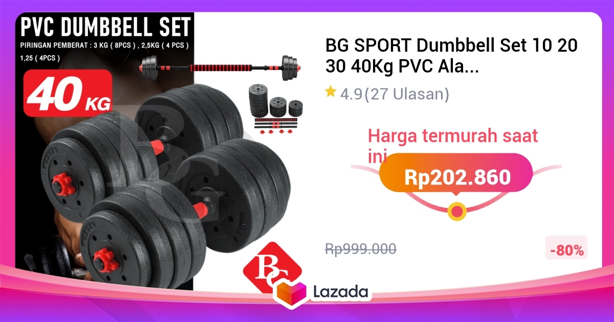 BG SPORT Dumbbell Set 10 20 30 40Kg PVC Alat Olahraga Fitness Angkat Besi