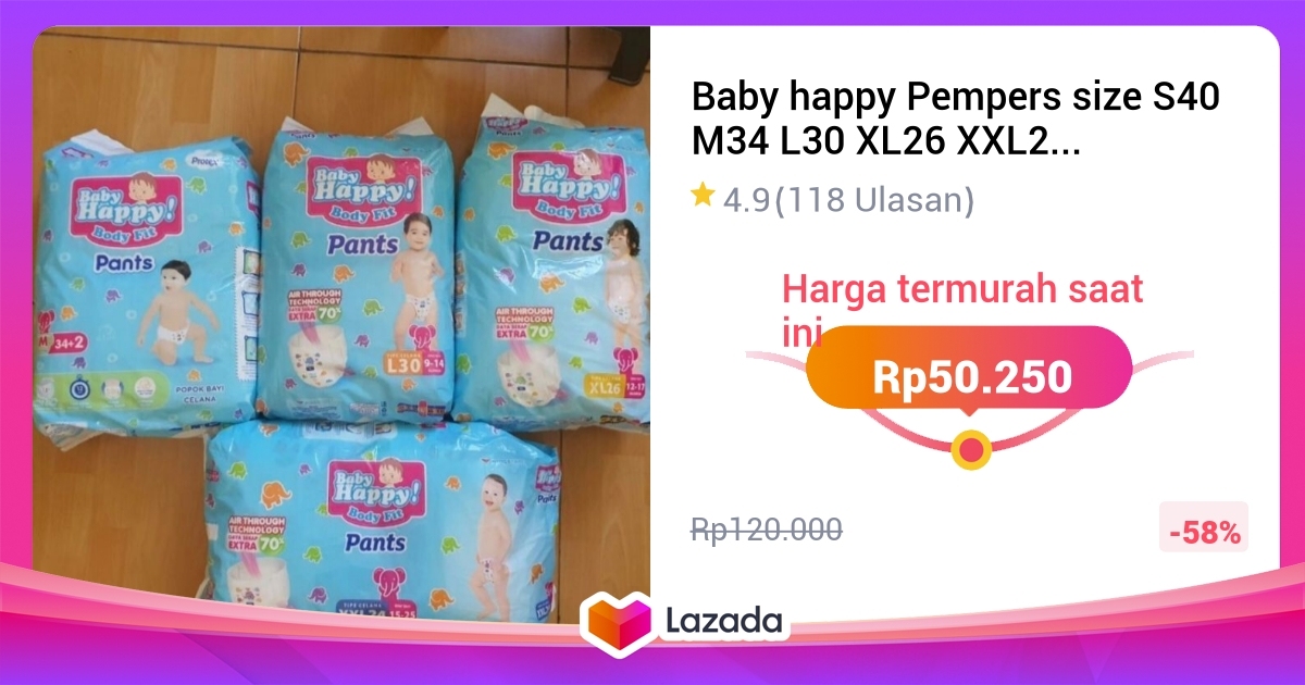 Baby happy Pempers size S40 M34 L30 XL26 XXL24 Popok sekali pakai Promo ...