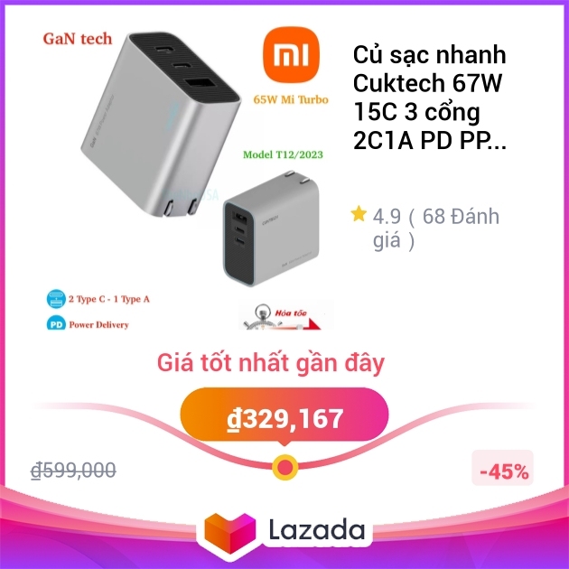 Củ sạc nhanh Cuktech 67W 15C 3 cổng 2C1A PD PPS QC3+