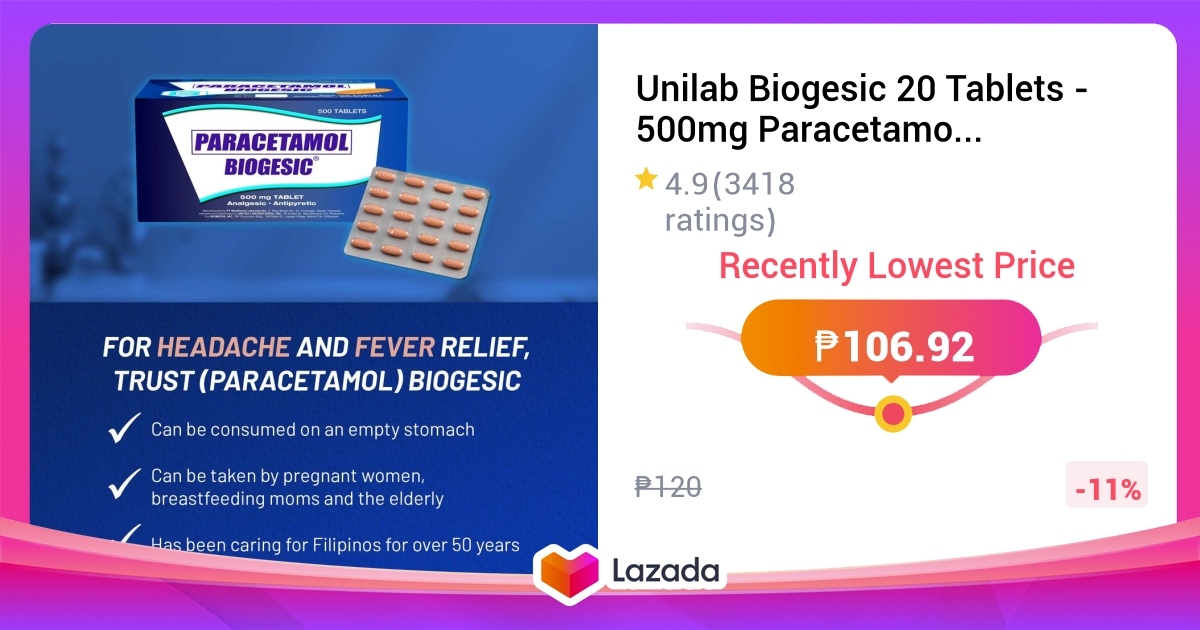 Unilab Biogesic 20 Tablets - 500mg Paracetamol for Headache and Fever ...