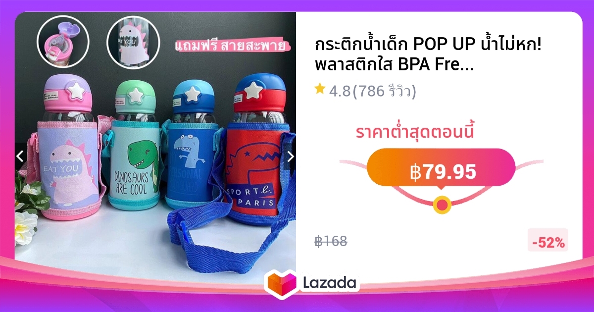 กระติกน้ำเด็ก POP UP น้ำไม่หก! พลาสติกใส BPA Free ปลอดภัยสำหรับเด็ก ...