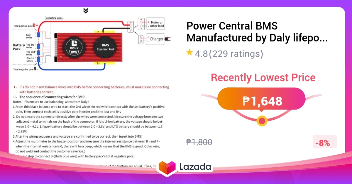 Power Central BMS Manufactured by Daly lifepo4 BMS 12v 24v 36v 48v 30a 60a 100a 4s 8s 12s 16s ...