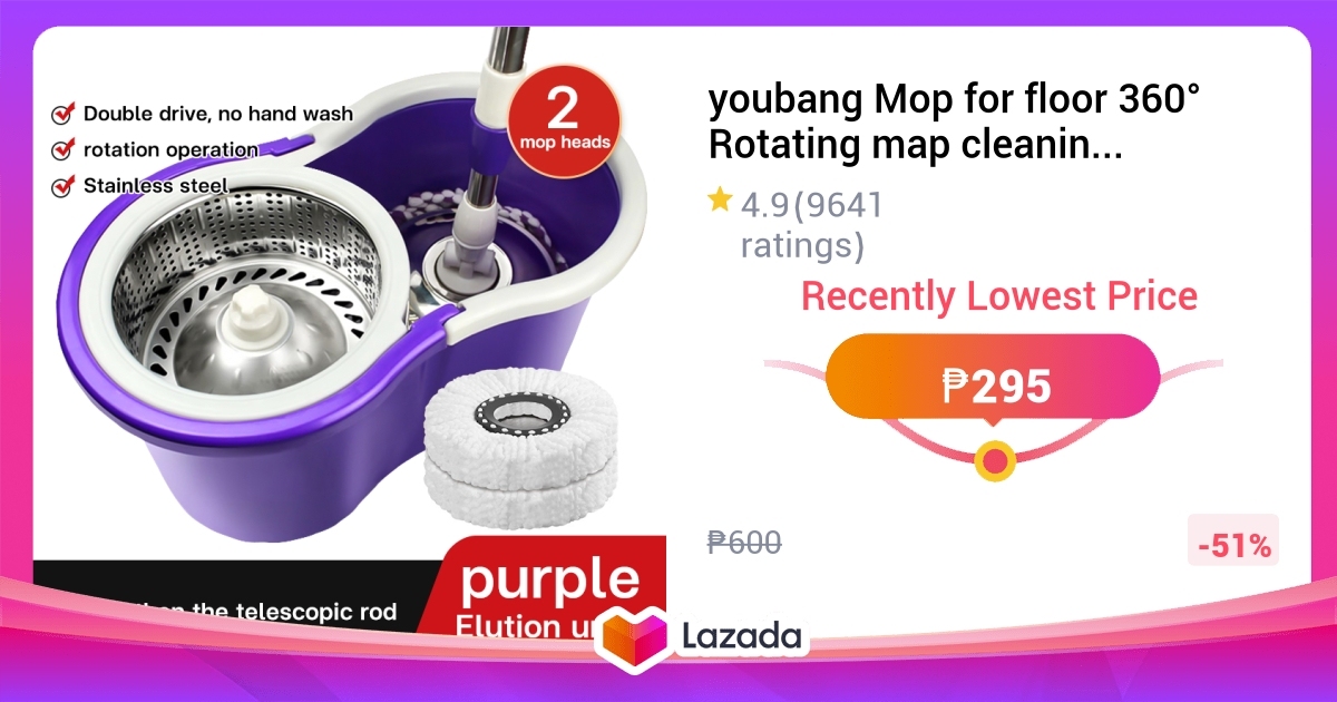 youbang Mop for floor 360° Rotating map cleaning with spinner mop with ...