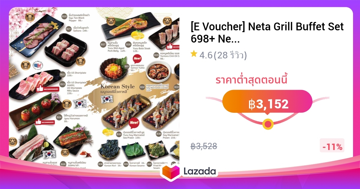 [E Voucher] Neta Grill Buffet Set 698+ New Menu(For 4 person) (ราคาเต็ม3528)กุ้งแม่น้ำ ซาซิมิเซ ...