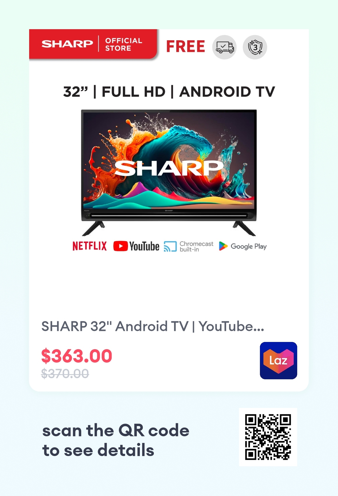 SHARP 32" Android TV | YouTube, Netflix, Web Browser | 3 Years Warranty