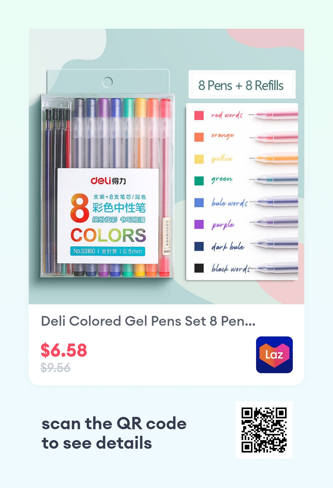 Deli Colored Gel Pens Set 8 Pens and 8 Refills 0.5 mm Stationery School ...