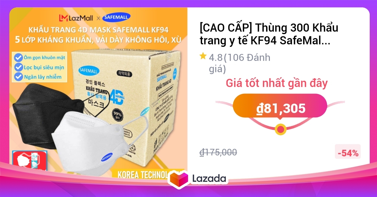 [CAO CẤP] Thùng 300 Khẩu trang y tế KF94 SafeMall 5 lớp lọc Premium N99+ Korea Technology ...