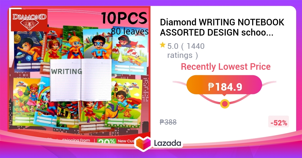 Diamond WRITING NOTEBOOK ASSORTED DESIGN school 80leaves 10pcs per ream ...