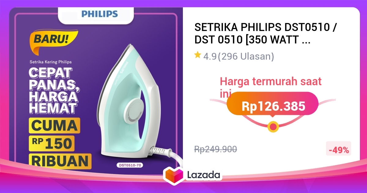 SETRIKA PHILIPS DST0510 / DST 0510 [350 WATT / ANTI LENGKET] 100% ORI Green