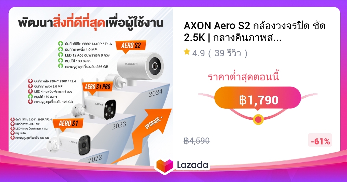 AXON Aero S2 กล้องวงจรปิด ชัด 2.5K | กลางคืนภาพสี 4MP กล้องบ้าน กันขโมย มี WIFI กล้อง IP camera ...
