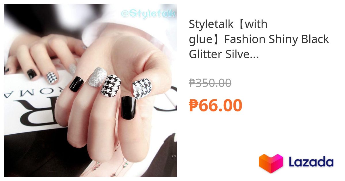 Styletalk【with glue】Fashion Shiny Black Glitter Silver Fake Nail Tips B53