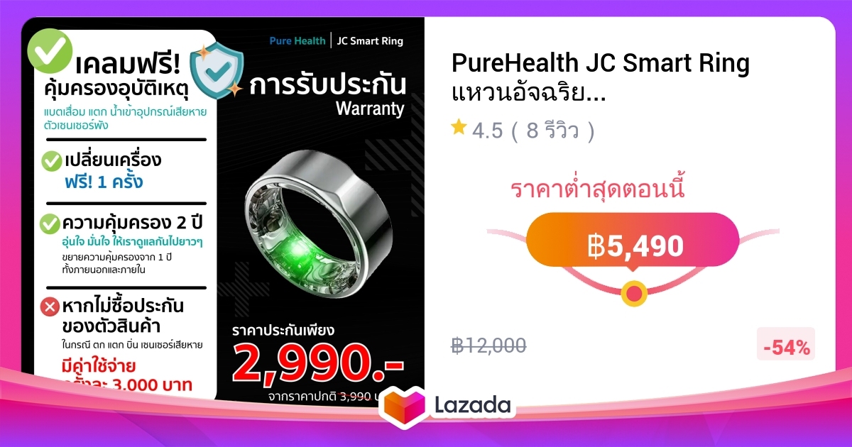 PureHealth JC Smart Ring แหวนอัจฉริยะ วัดน้ำตาลในเลือด อัตราการเต้นของ ...