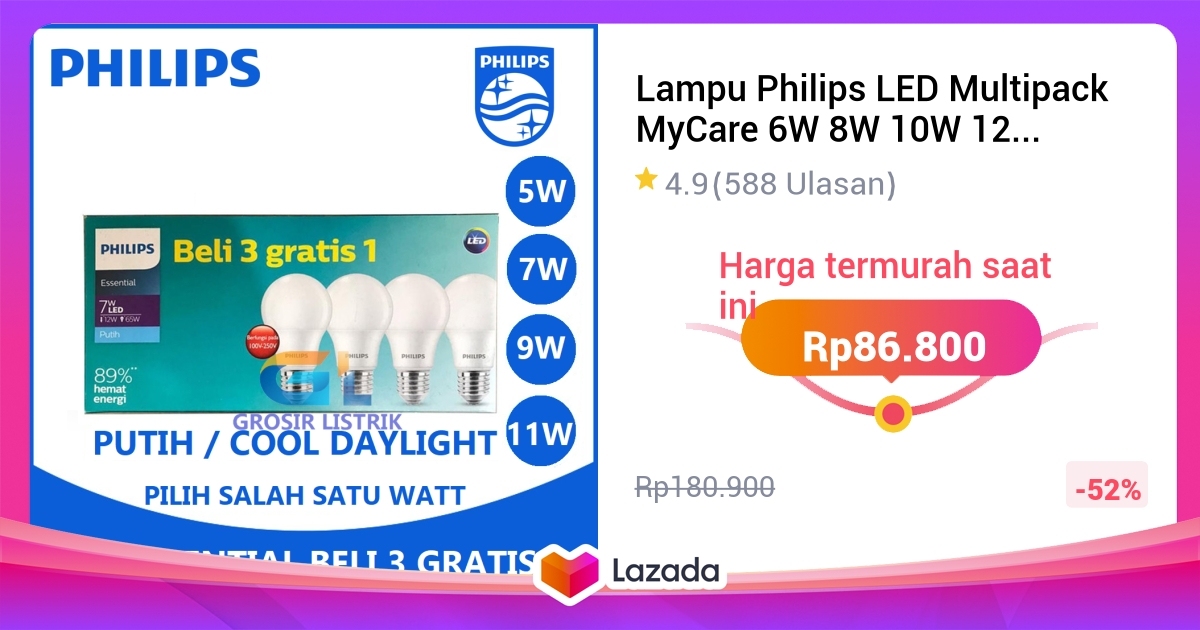 Lampu Philips LED Multipack MyCare 6W 8W 10W 12W Ess 5W 7W 9W 11W Putih 5 6 7 8 9 10 11 12 W Paket