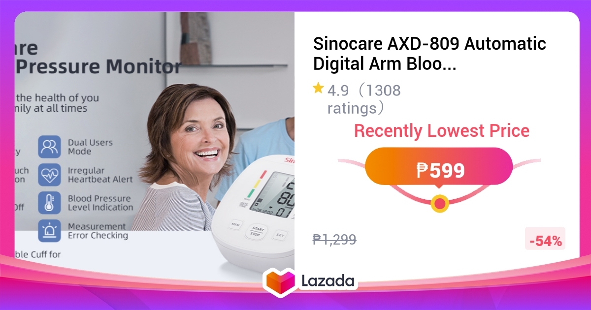 Sinocare AXD-809 Automatic Digital Arm Blood Pressure Monitor Smart BPM Large LCD Digital ...