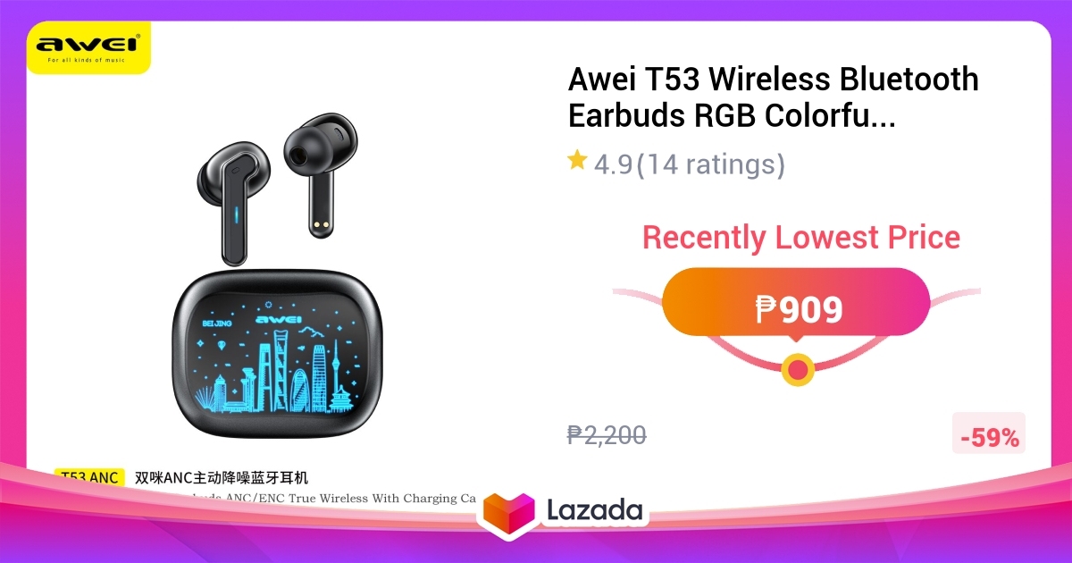 Awei T53 Wireless Bluetooth Earbuds RGB Colorful Light Earphones ...