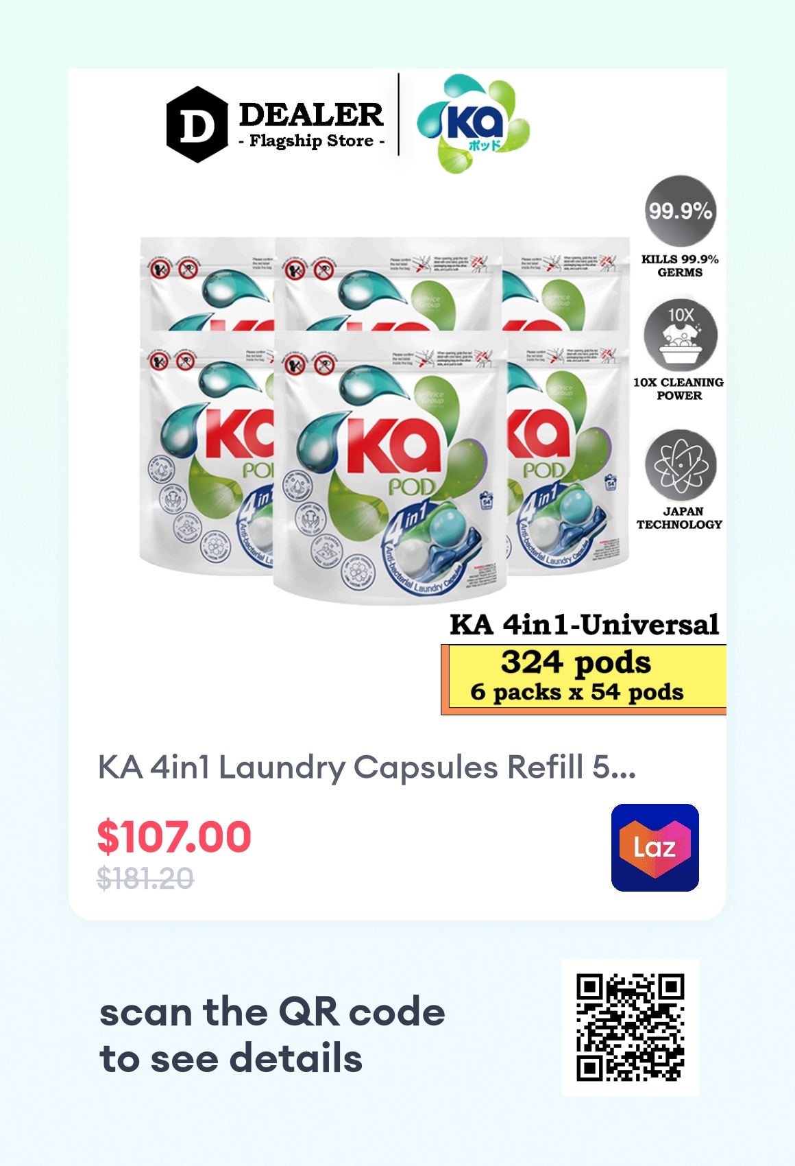KA 4in1 Laundry Capsules Refill 54 Pods x 6 Packs (324 Pods)–Universal