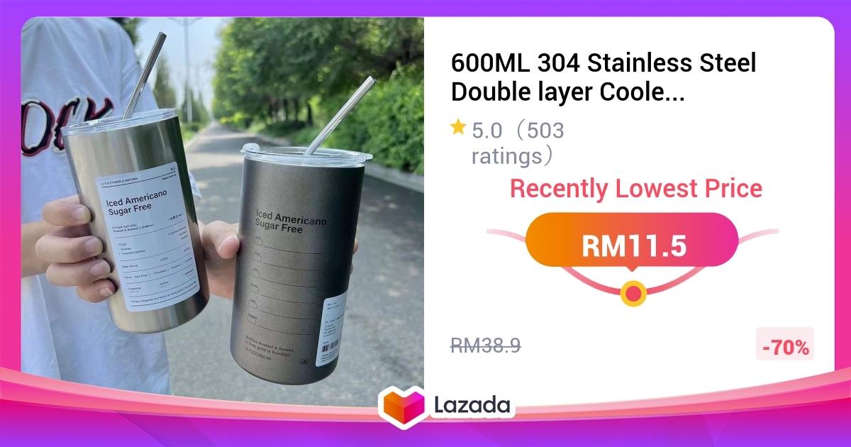 600ML 304 Stainless Steel Double layer Cooler Coffee Cup Portable Reusable Thermos Water Bottle ...