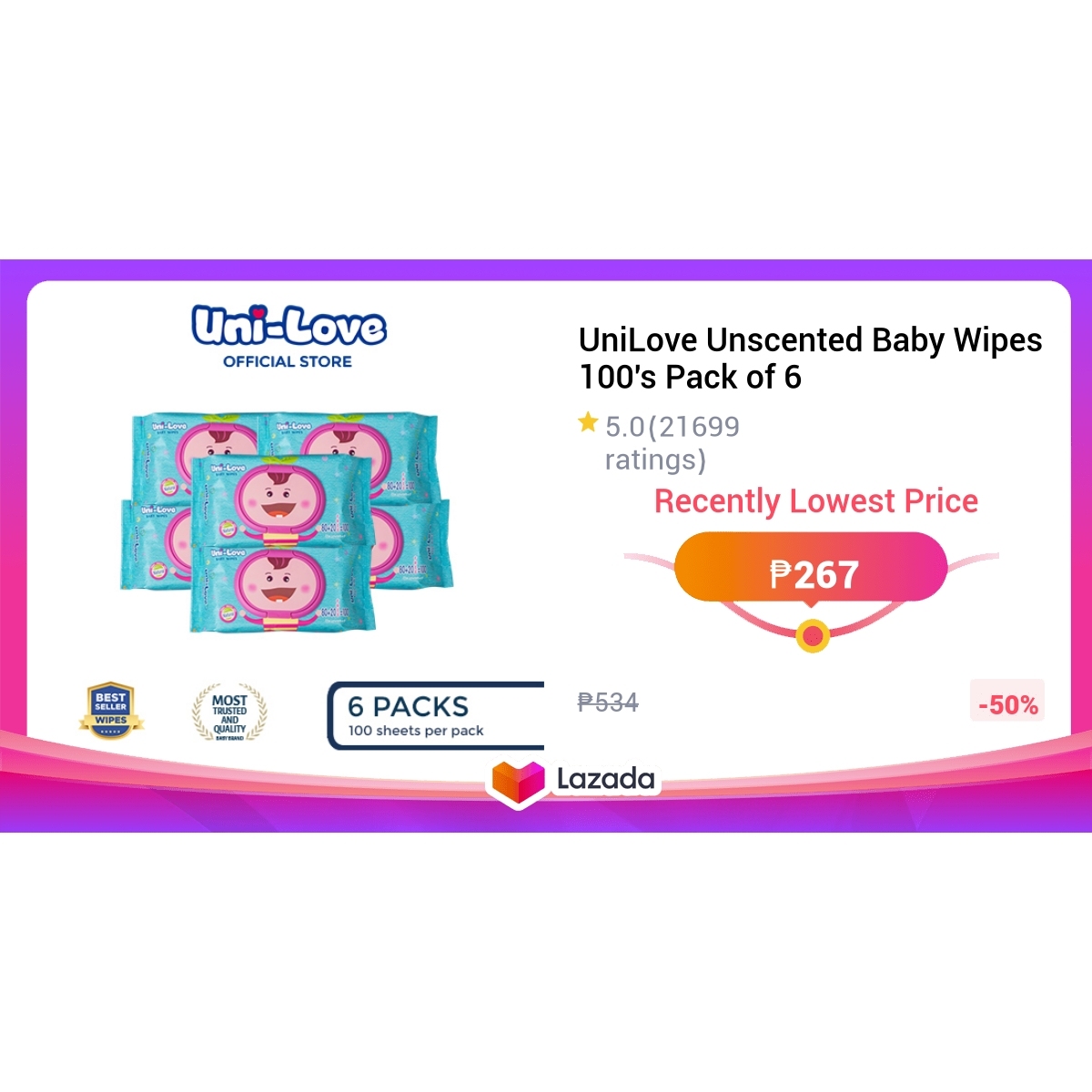 UniLove Unscented Baby Wipes 100's Pack of 6