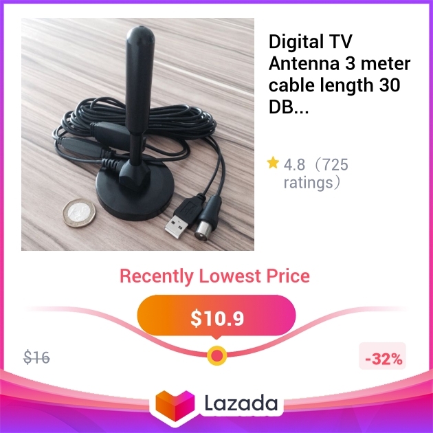 Digital TV Antenna 3 meter cable length 30 DBI DVB-T2 DTV USB Powered ...