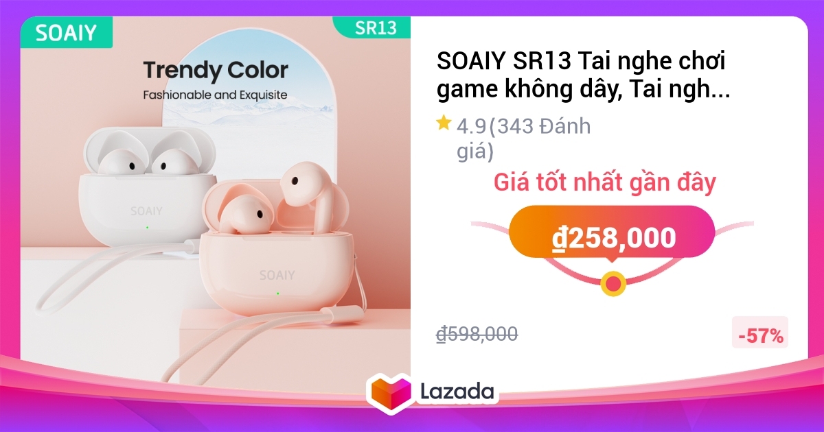 SOAIY SR13 Tai nghe chơi game không dây, Tai nghe TWS, Bluetooth V5.3, Độ trễ thấp, Thời gian ...