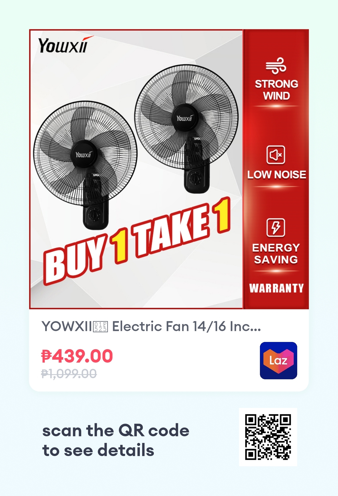 YOWXII🔥 Electric Fan 14/16 Inch Wall Fan three-speed air volume ...