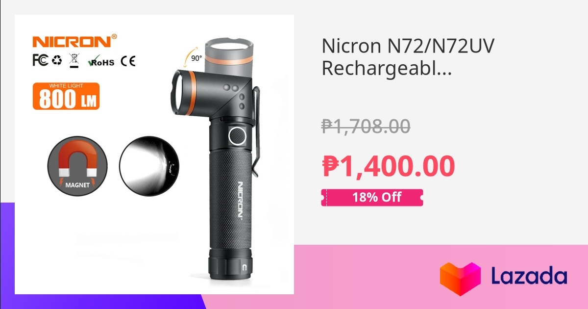 Nicron N72/N72UV Rechargeable Flashlight with Cree LED 800 Lumens 18650 ...