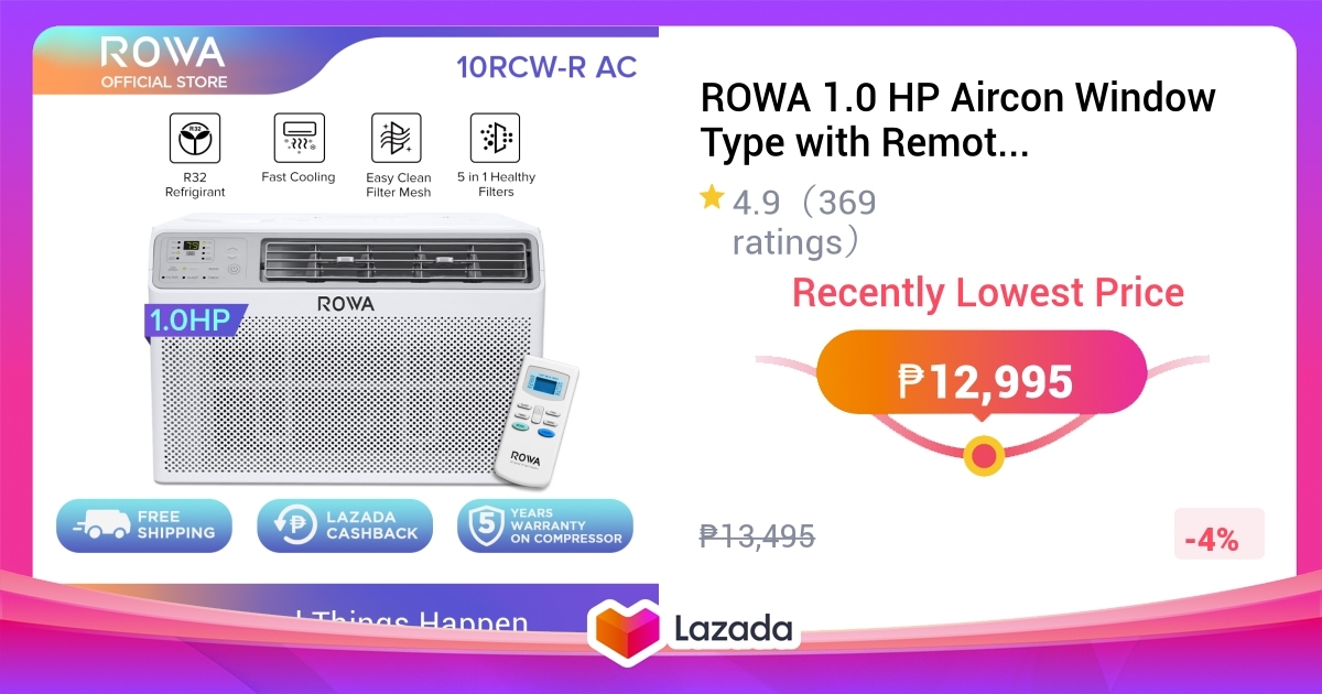 ROWA 1.0 HP Aircon Window Type with Remote Control - RAC-10RCW-R (LED ...