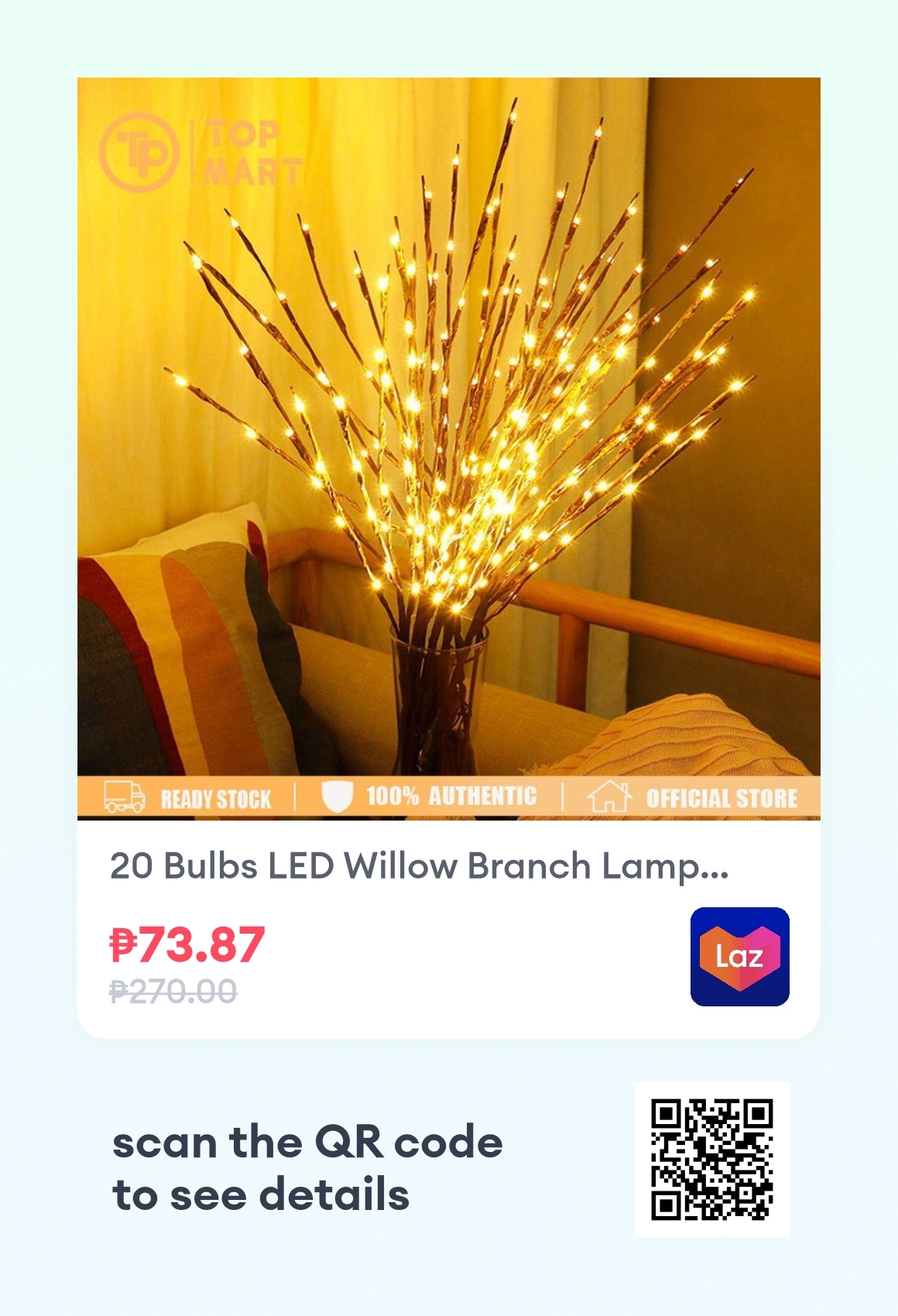 20 Bulbs LED Willow Branch Lamps Battery Powered Christmas Lights Led lights for Birthday ...