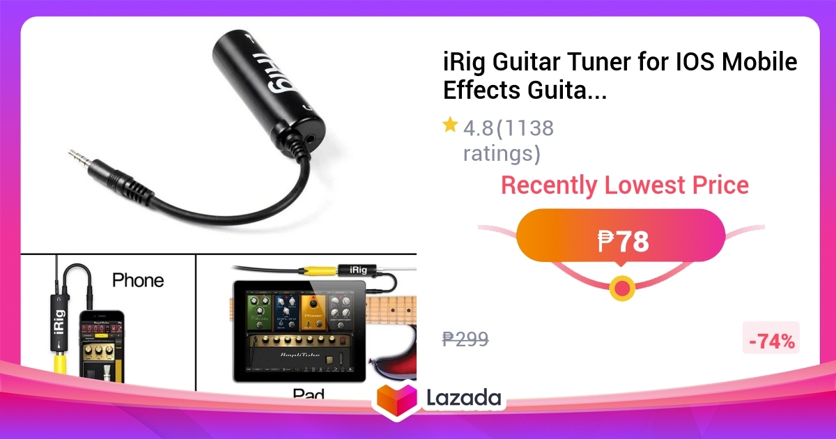 iRig Guitar Tuner for IOS Mobile Effects Guitar Audio Interface, iRig for Guitar Cable Guitar ...