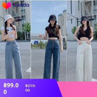 Kanmanee💎 กางเกงยีนส์ขายาวทรงกระบอกขาไม่บาน มีสีฟ้า/ดำ/สีขาว ไซด์S-XXL วินเทจ คุณภาพสูง เนื้อผ้า ...