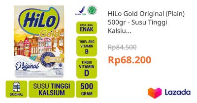 HiLo Gold Original (Plain) 500gr - Susu Tinggi Kalsium Rendah Lemak