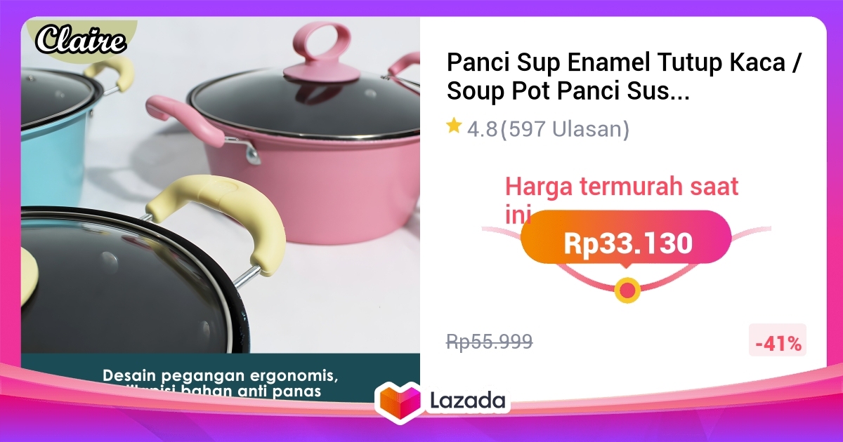 Panci Sup Enamel Tutup Kaca / Soup Pot Panci Susu Enamel