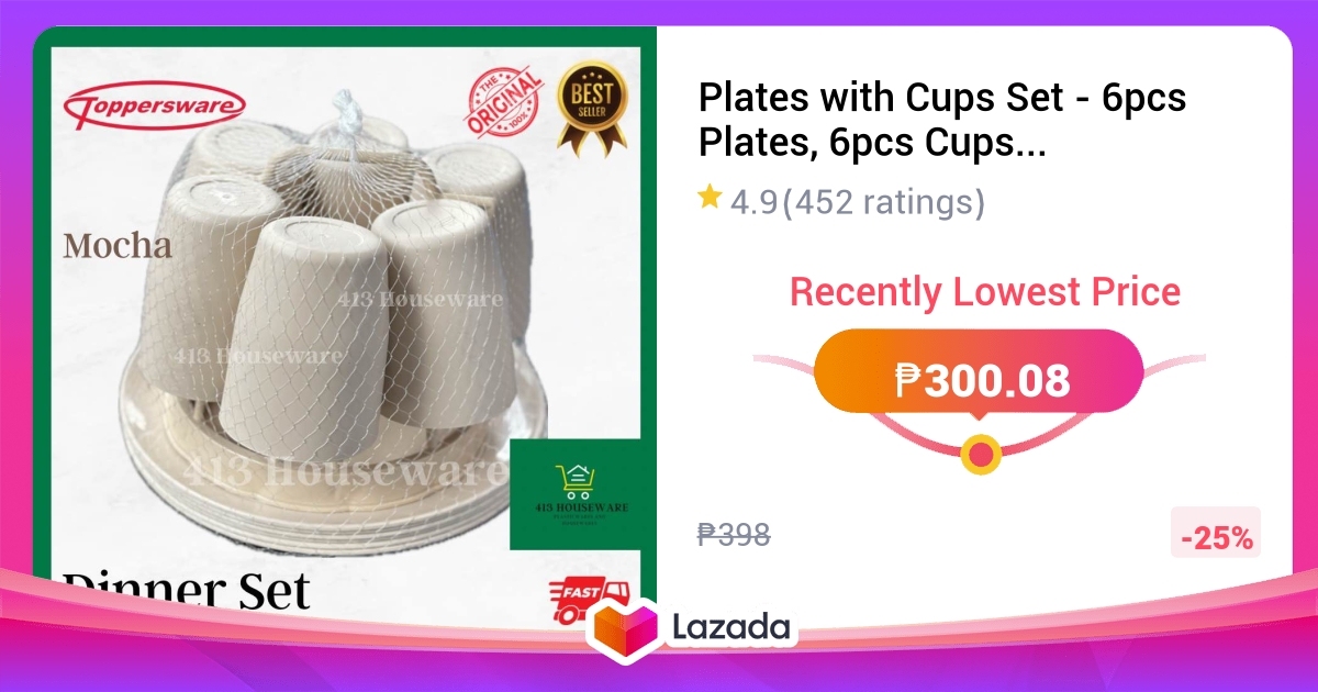 Plates with Cups Set - 6pcs Plates, 6pcs Cups, Glass Holder Plastic ...