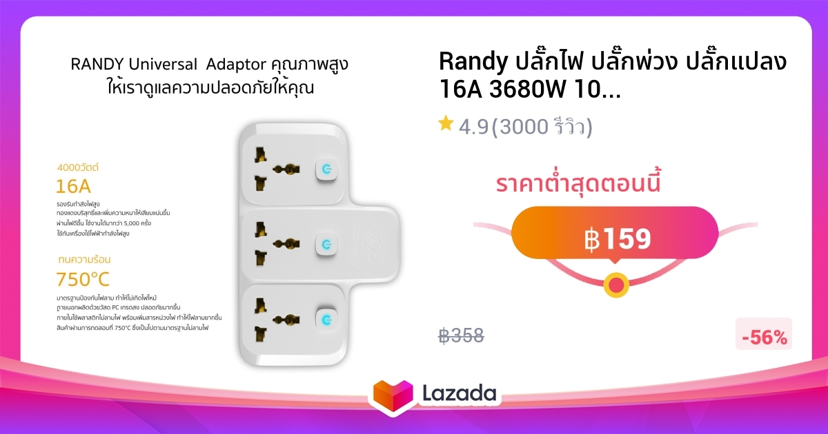 Randy ปลั๊กไฟ ปลั๊กพ่วง ปลั๊กแปลง 16A 3680W 10A 2300W รับกำลังไฟสูง หัว ...