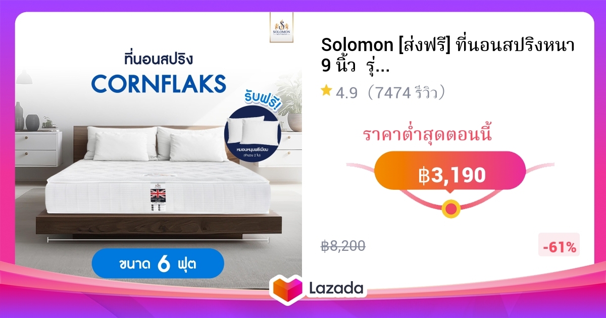 Solomon [ส่งฟรี] ที่นอนสปริงหนา 9 นิ้ว รุ่น Cornflaks นุ่ม นอนสบาย แถมฟรีหมอนหนุนใบใหญ่