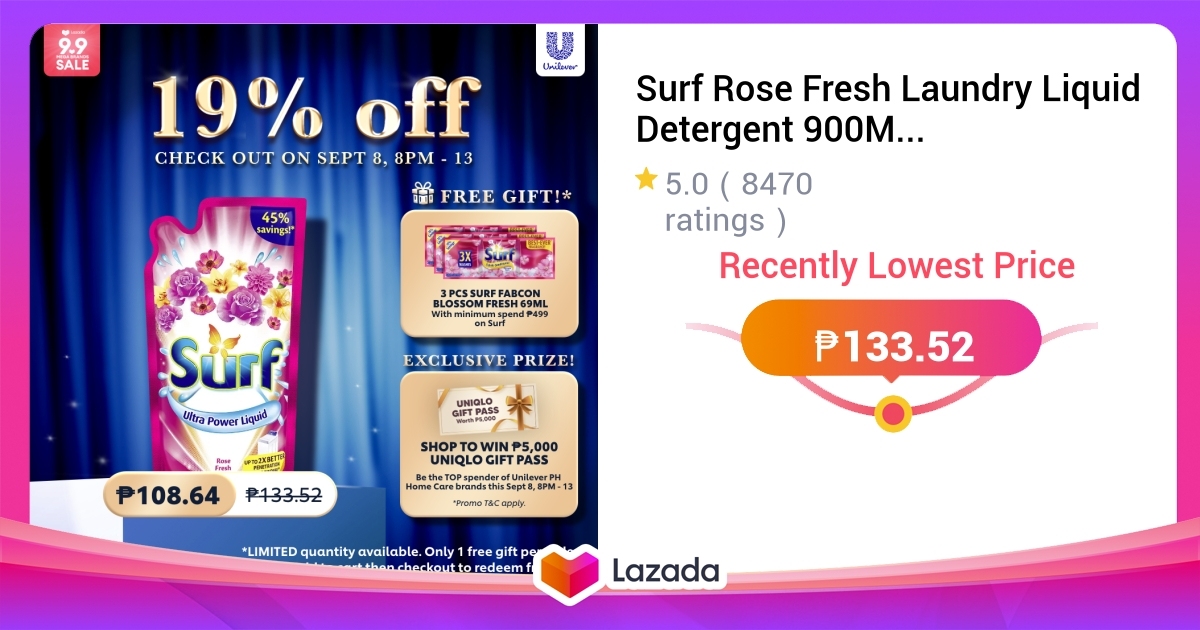 Surf Rose Fresh Laundry Liquid Detergent 900ML Pouch