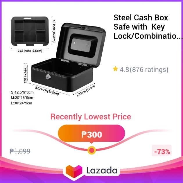 Steel Cash Box Safe with Key Lock/Combination Lock,Money Safe Box with ...